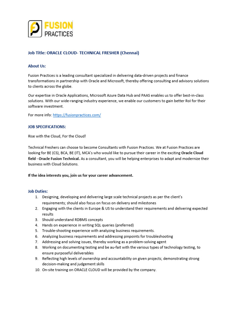 Oracle Cloud - Technical Fresher JD | PDF | Cloud Computing | Oracle Corporation