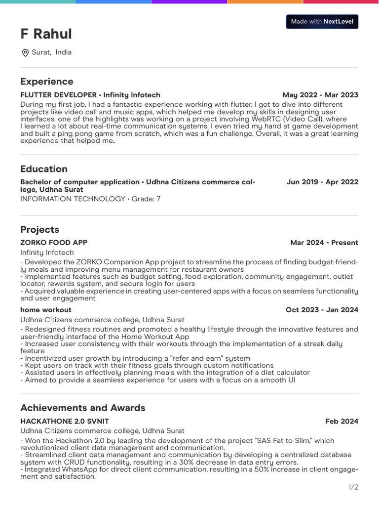 F Rahul NextLevel Resume | PDF | Mobile App | Computing