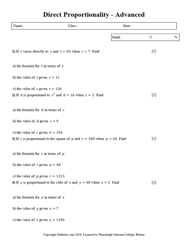 Direct Proportion Worksheet 3 With Answers | PDF