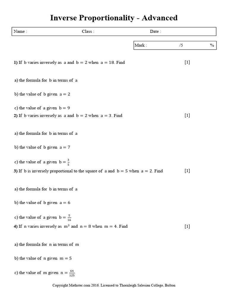 Inverse Proportion Worksheet 4 With Answers | PDF