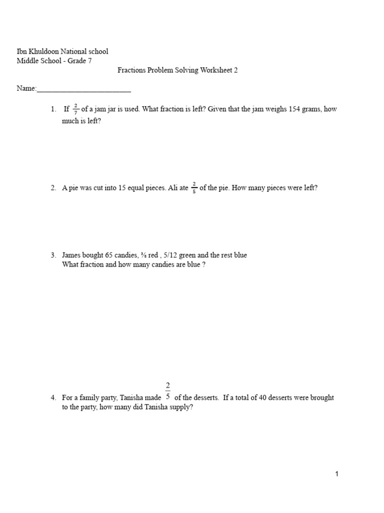 Grade 7 Fractions Problem Solving Worksheet | PDF | Dell