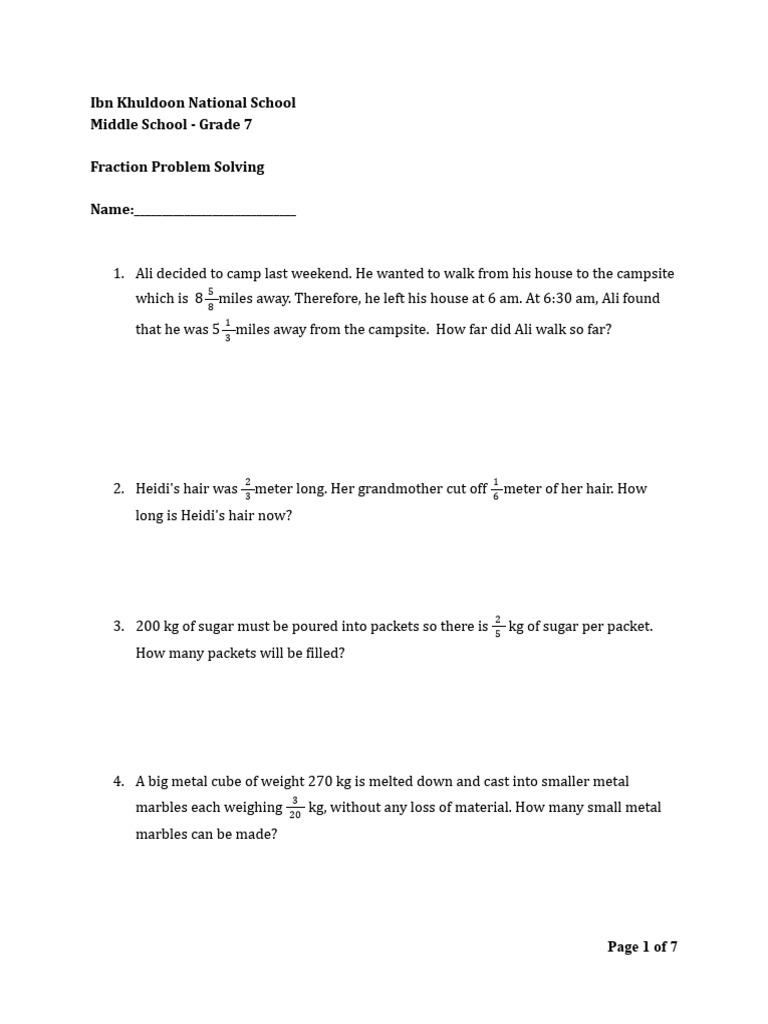 Grade 7 Fraction Problem Solving Worksheet | PDF