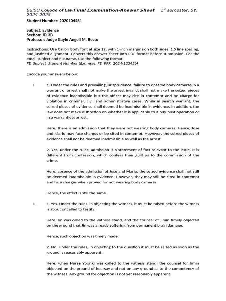 STANDARD-ANSWER-SHEET_FINALS | PDF | Witness | Testimony