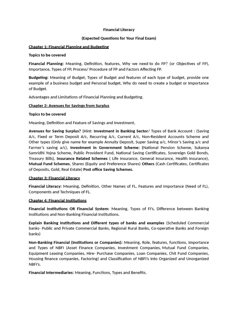 Financial Literacy Important Questions | PDF | Banks | Saving