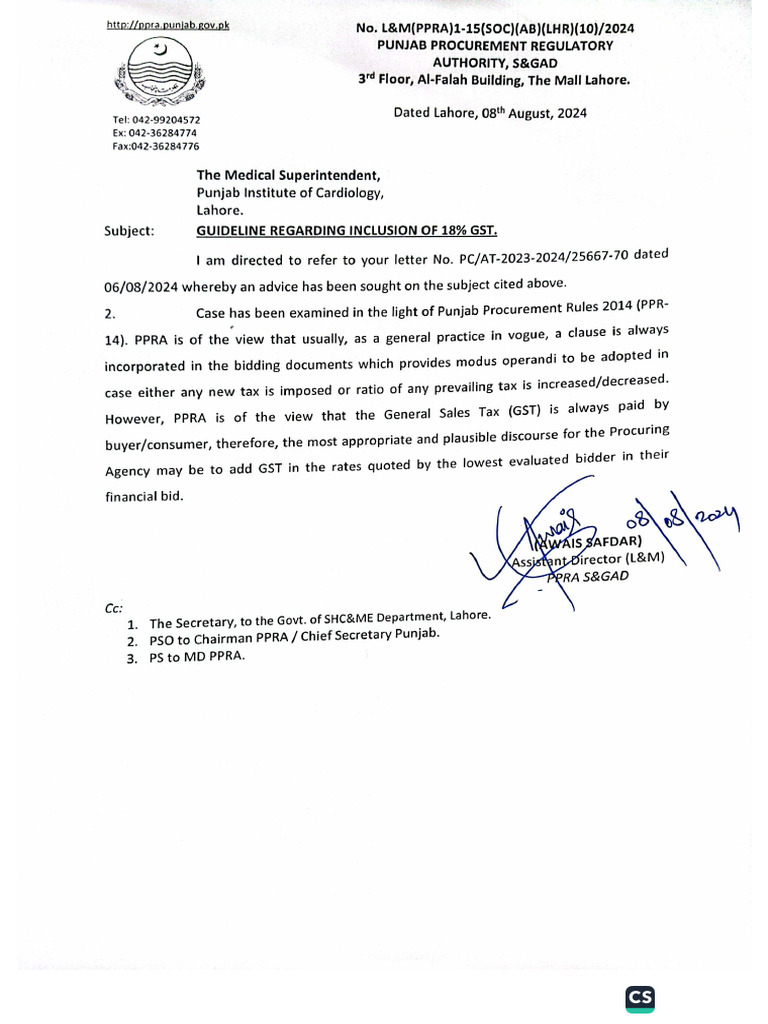 PPRA Letter For GST 18% PIC | PDF