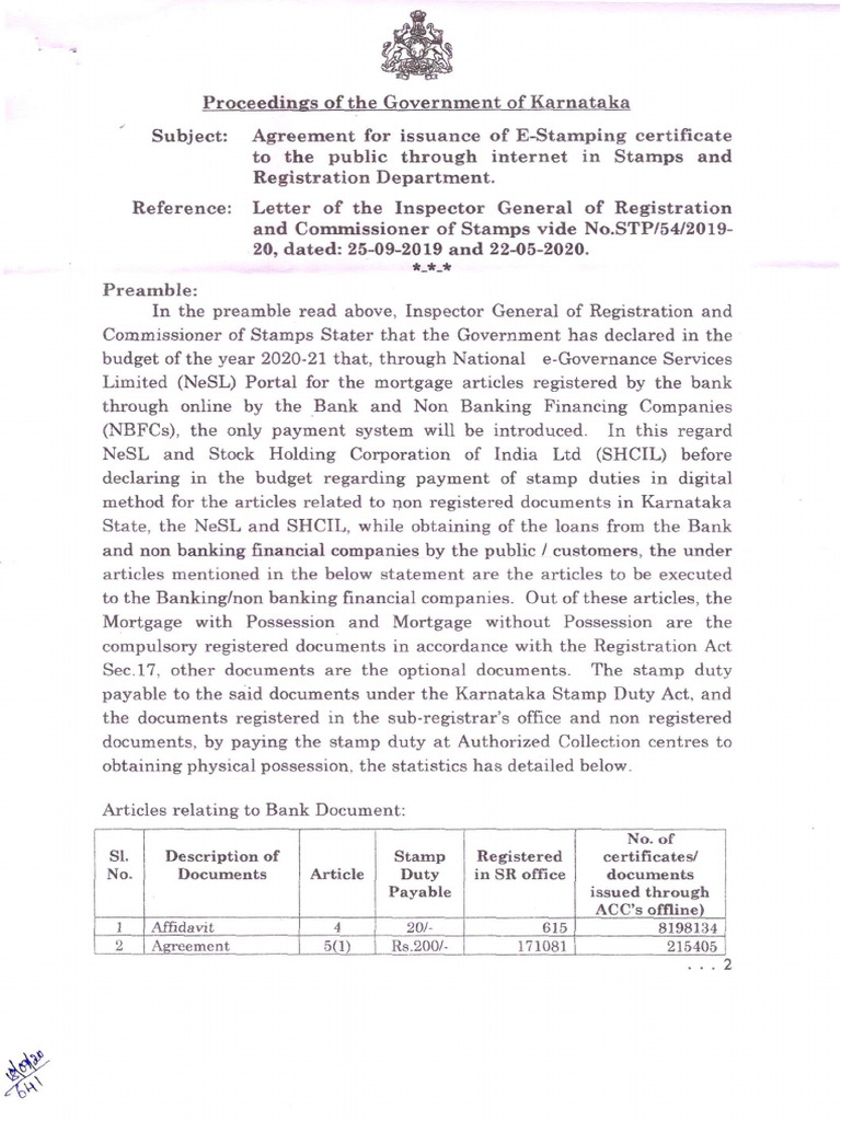 Govt of Karnataka Order E Stamping Certificate 1 | PDF | Banks ...