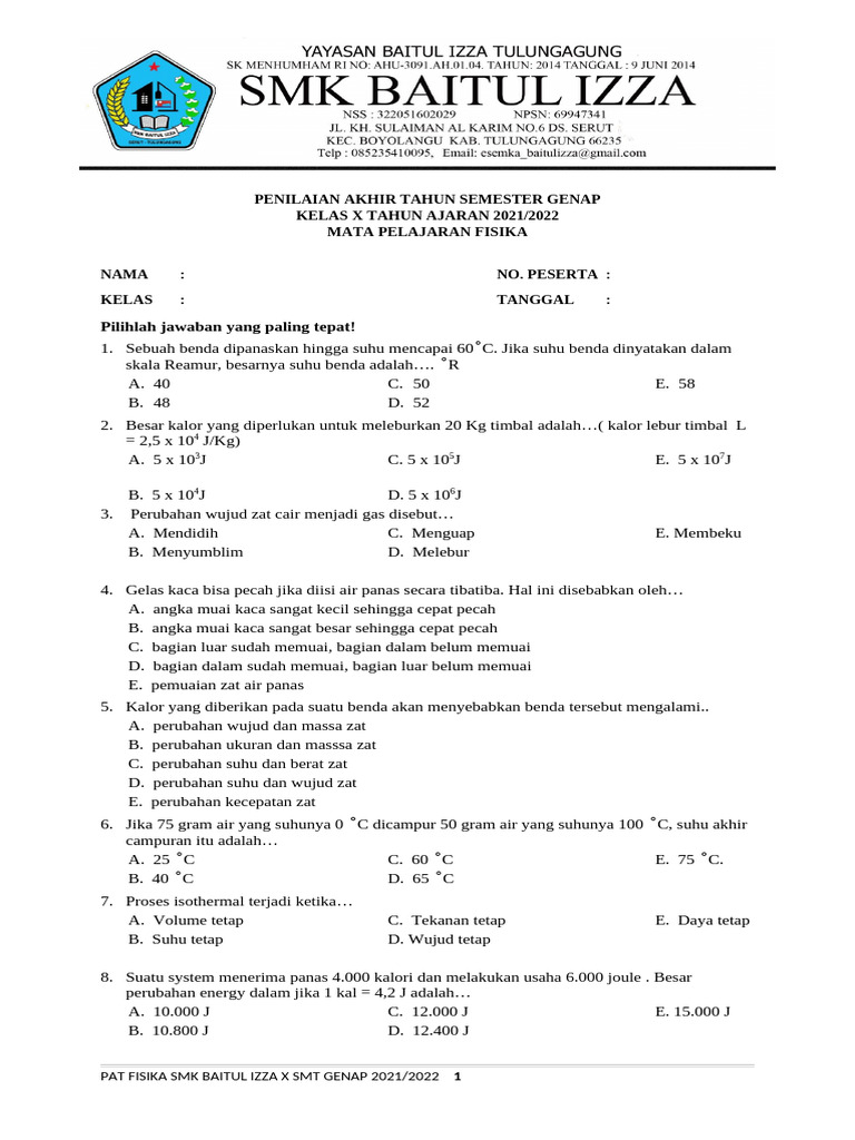 03 - Soal Pat SMK - 21 - 22 - Fisika - SMT 2 | PDF