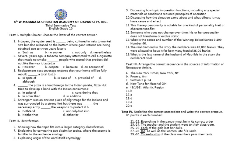 Grade 10 English Summative Test Guide | PDF