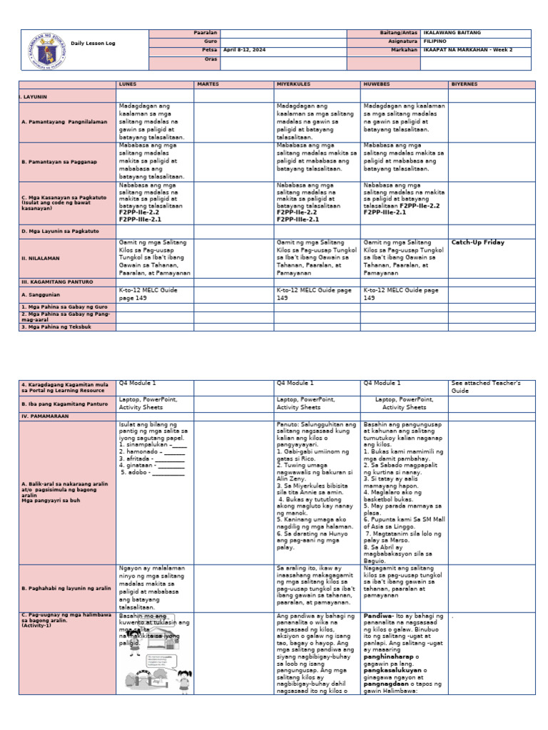 Q4-WEEK2-DLL-FILIPINO 2 | PDF