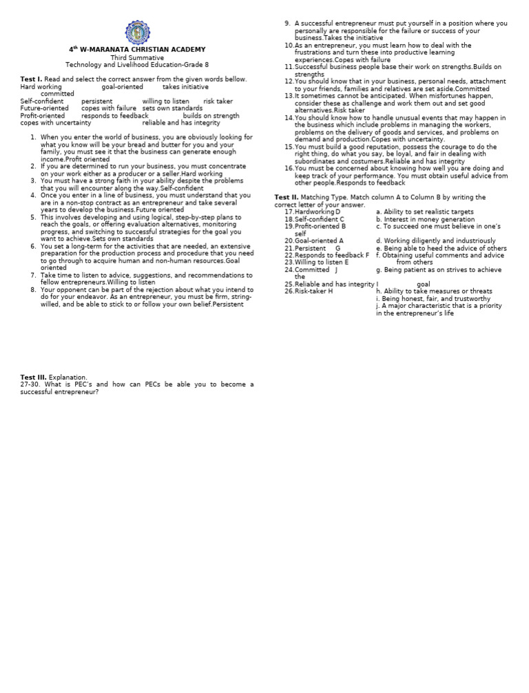 3rd summative TLE 8 a | PDF | Goal | Cognitive Science