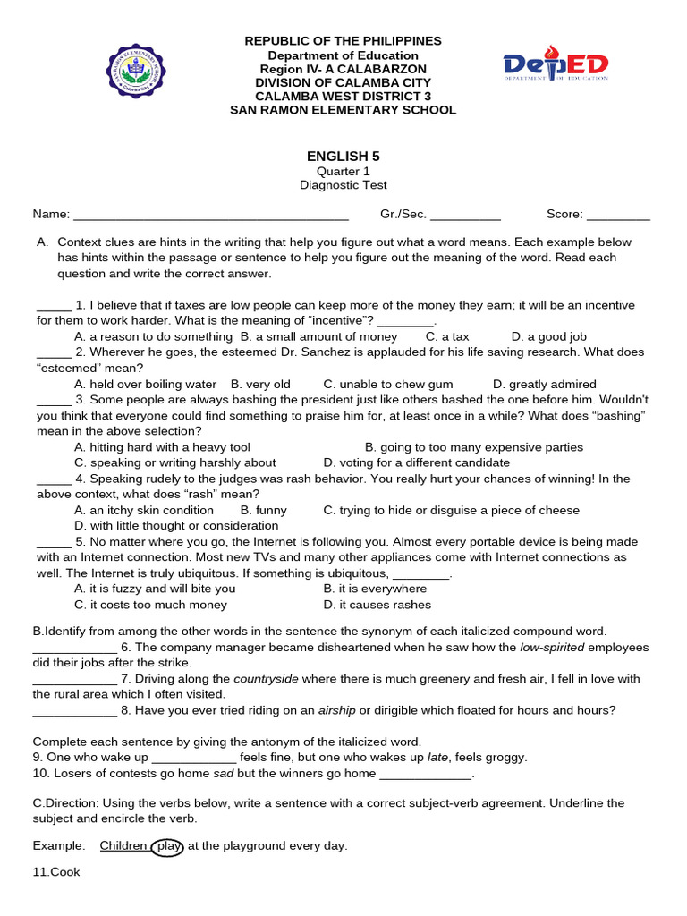 English 5 Quarter 1 Diagnostic Test | PDF