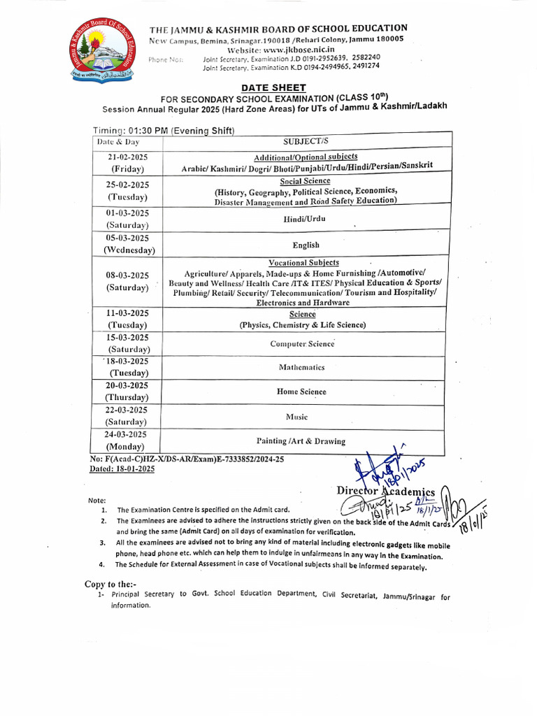 Datesheets of Hard Zone Areas Jammu Kashmir and Ladakh Annual Regular ...