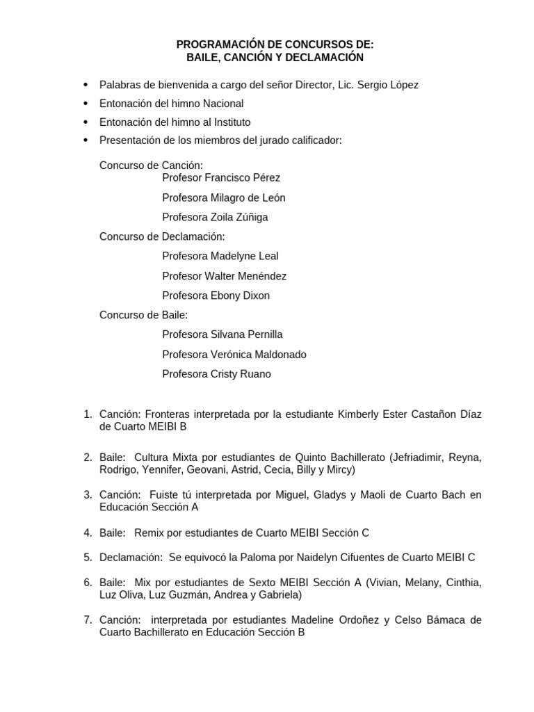 Programación de Concursos Artísticos | PDF