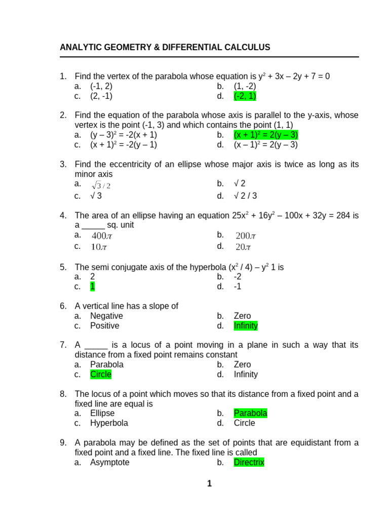 Analytic Geometry & Calculus Problems | PDF | Ellipse | Analytic Geometry