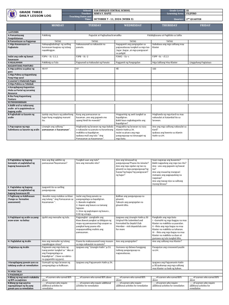 DLL - Filipino 3 - Q2 - W3 | PDF