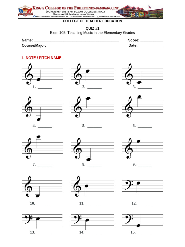 Note Names Quiz for Music Education | PDF