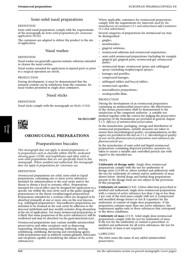 1807 Oromucosal Preparations | PDF | Tablet (Pharmacy) | Injection ...