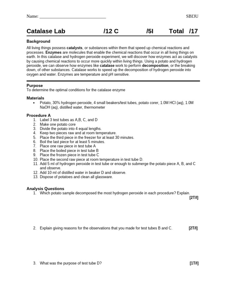 Catalase Enzyme Experiment Guide | PDF | Catalase | Hydrogen Peroxide