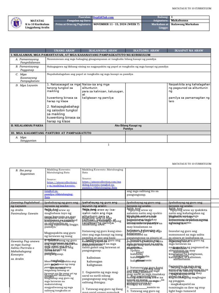 Dll Matatag Makabansa 1 q2 w7 | PDF