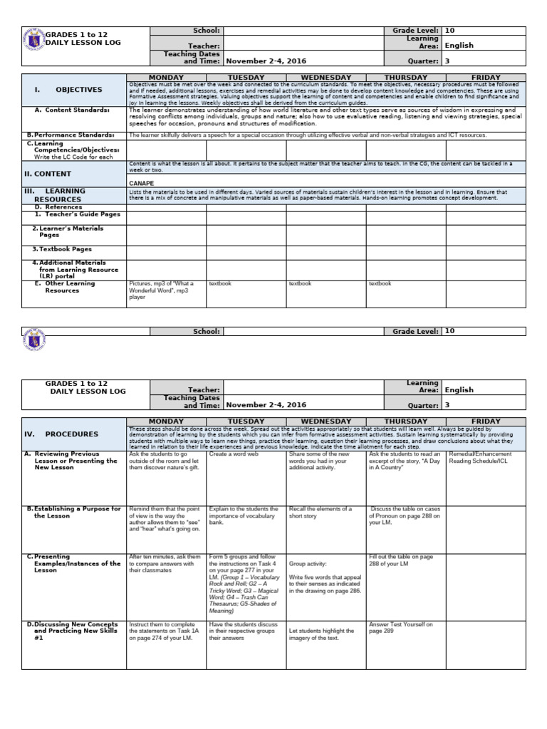 Grades 1 To 12 Daily Lesson Log Objectiv | PDF | Learning | Teachers