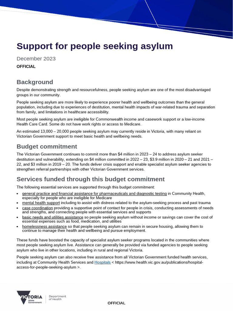 Support For Asylum Seekers Factsheet | PDF | Asylum Seeker | Health Care