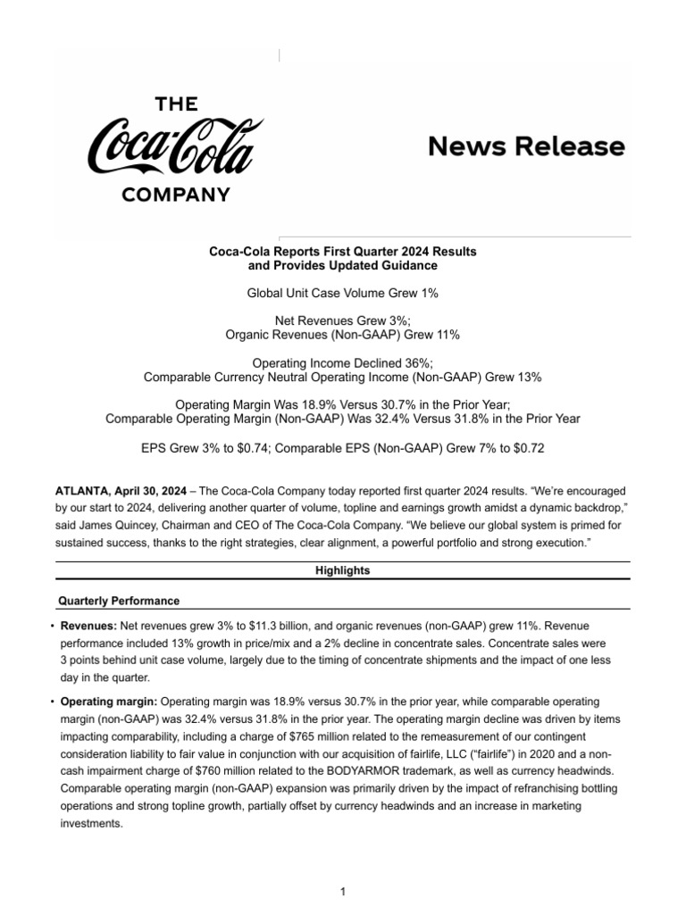 Coca-Cola Q1 2024 Financial Highlights | PDF | Equity (Finance) | Revenue