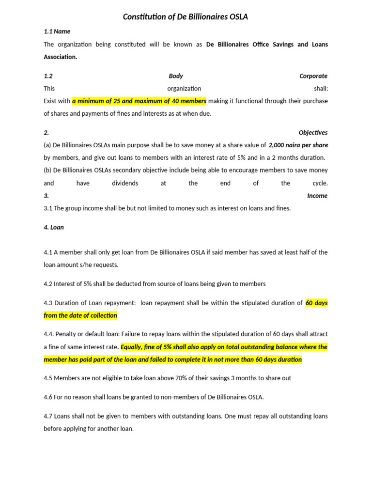 De Billionaires OSLA Constitution Overview | PDF | Interest | Loans