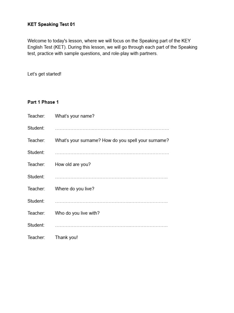 (USE THIS For The DEMO) KET Speaking Test 01 - Part 1 Family & Part 2 ...