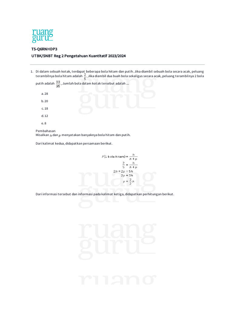 UTBK - SNBT Reg 2 Pengetahuan Kuantitatif 2023 - 2024 - Pembahasan | PDF
