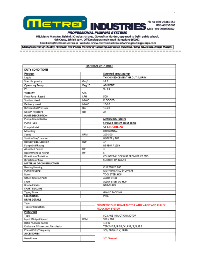 Screwed Grout Pump Technical Data Sheet | PDF | Pump | Machines