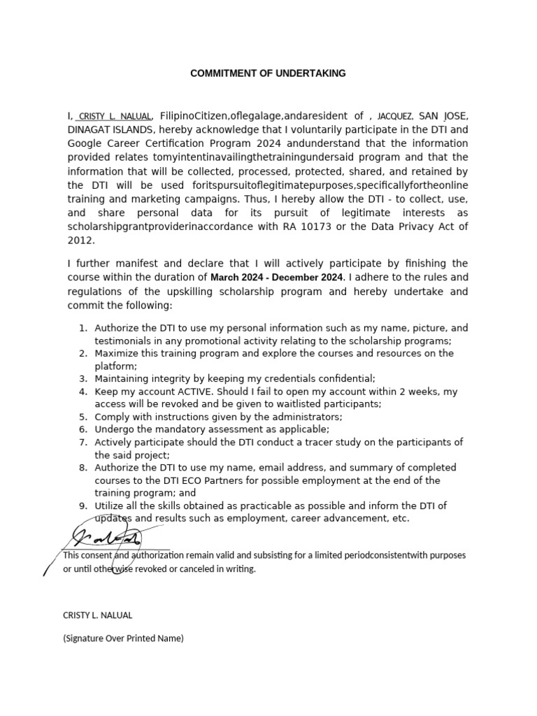 My Commitment of Undertaking | PDF