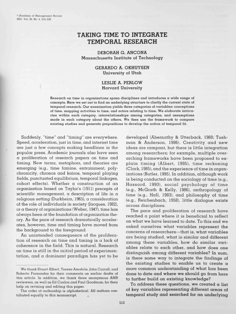 Ancona et al. 2001 Taking Time to Integrate Temporal Research | PDF ...