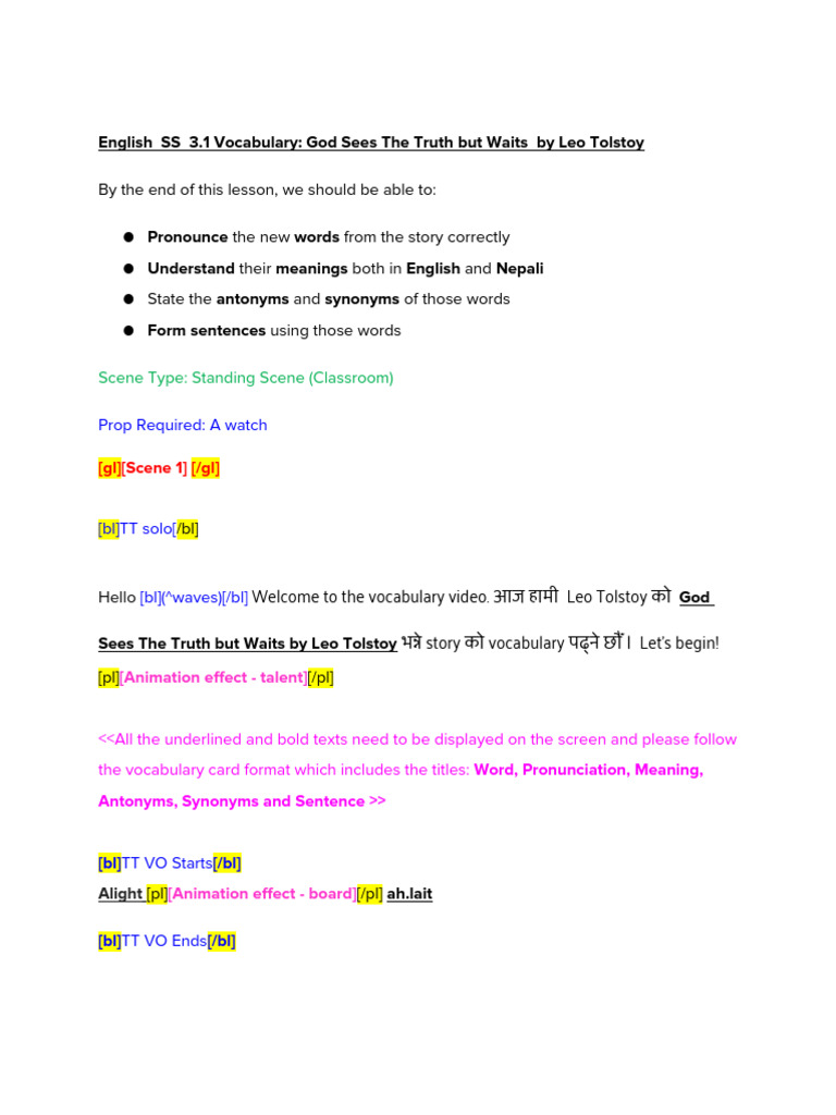 English SS 3.1 Vocabulary - God Sees The Truth But Waits by Leo Tolstoy ...