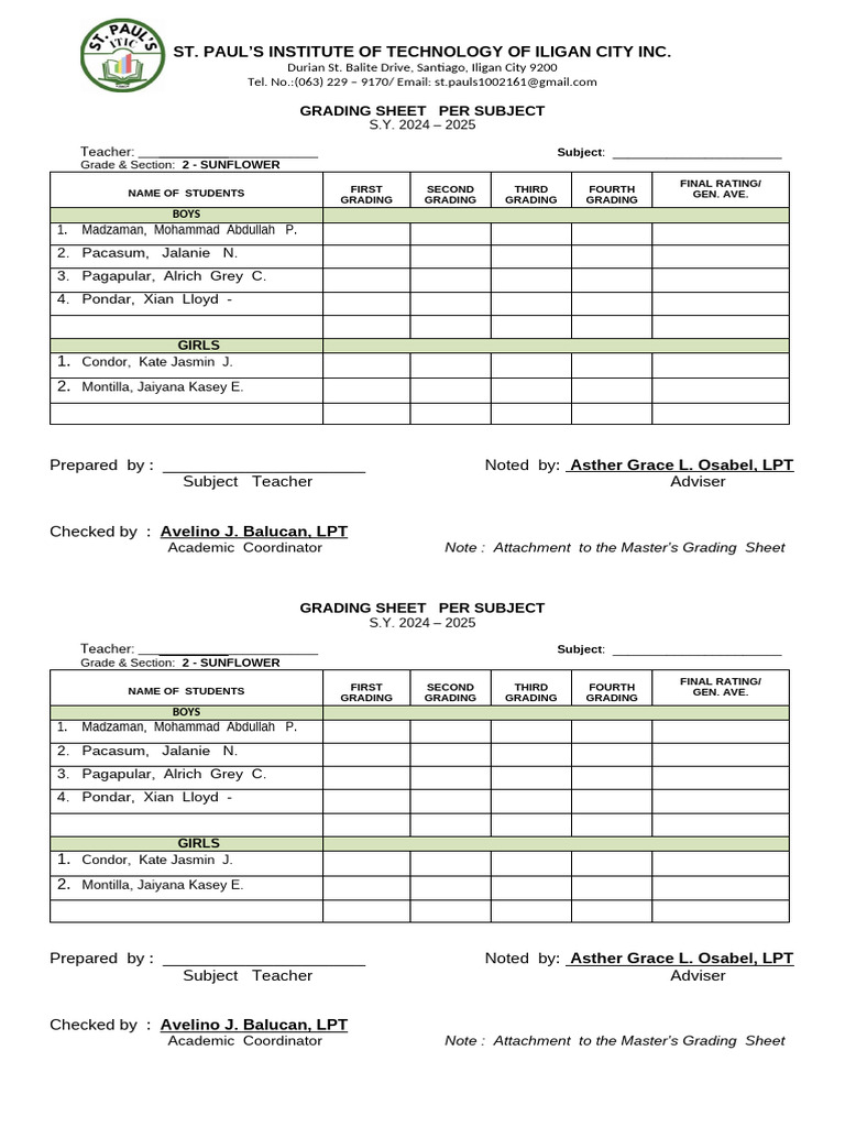 Elementary Masters Grading Sheets | PDF | Titles