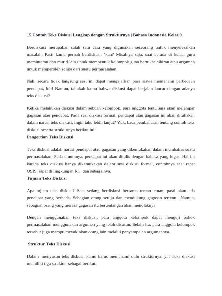Contoh Teks Diskusi Kelas 9 Lengkap | PDF