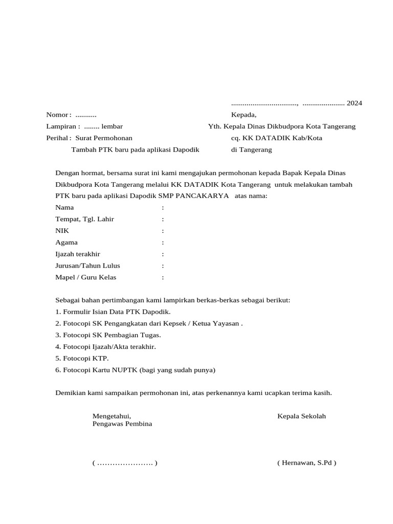 Format Surat Permohonan Tambah PTK | PDF