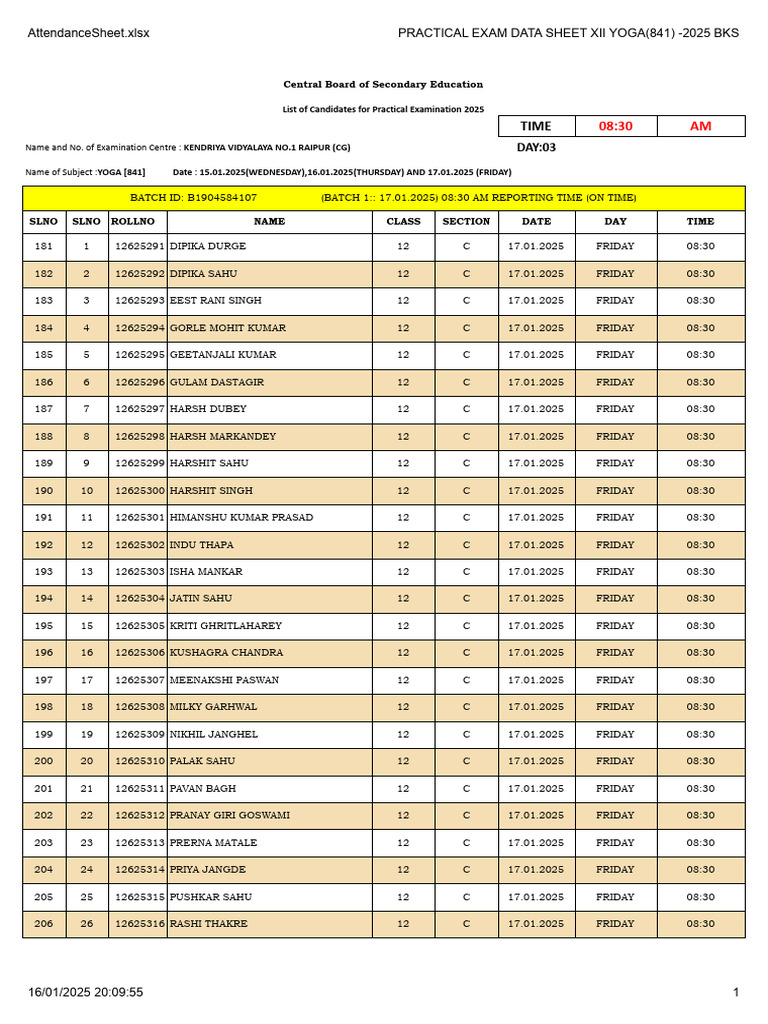 AttendanceSheet.xlsx - PRACTICAL EXAM DATA SHEET XII YOGA(841) -2025 BKS | PDF | Qualifications ...