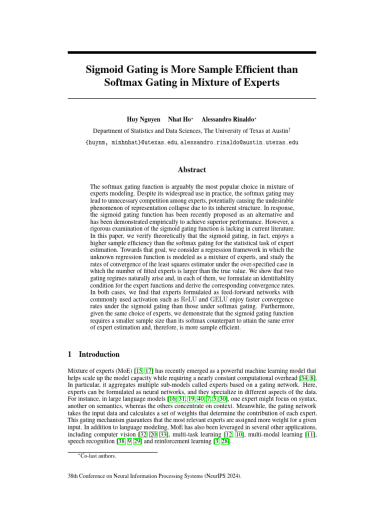 2024-Sigmoid Gating Is More Sample Efficient Than Softmax Gating in Mixture of Experts | PDF ...