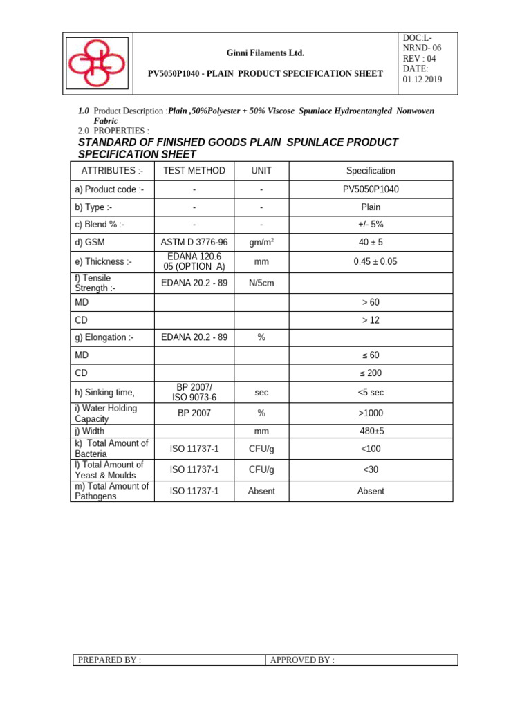PV5050P1040 Plain Fabric Specs | PDF | Textiles | Materials