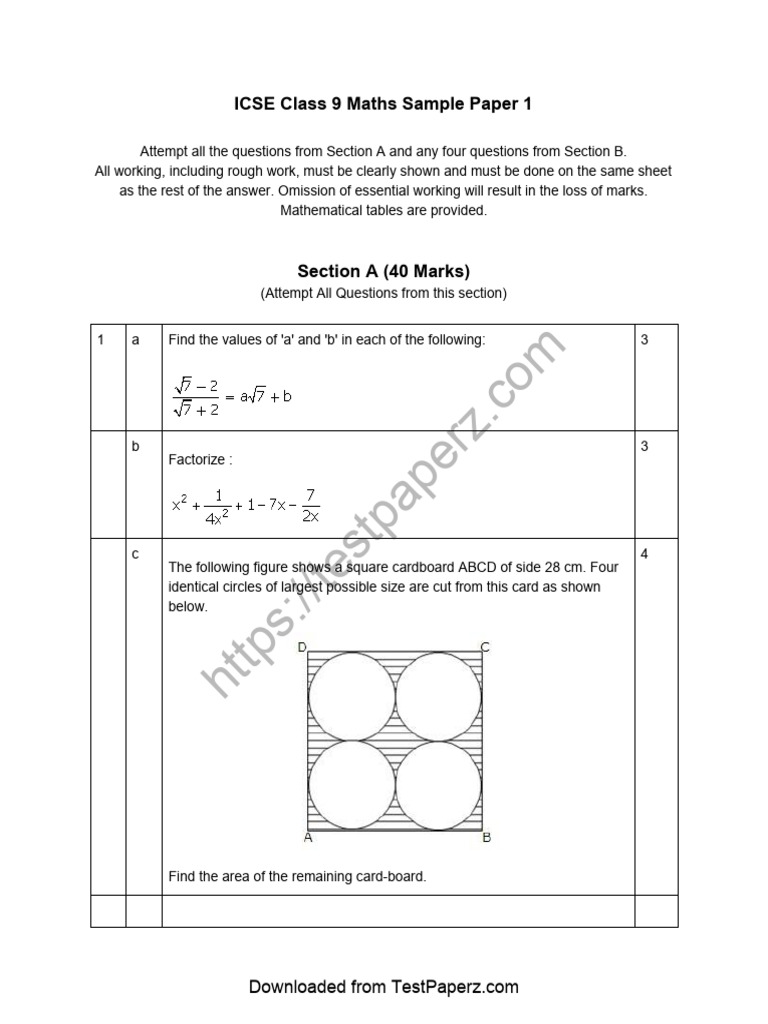 ICSE Class 9 Maths Sample Paper 1 | PDF | Area | Triangle
