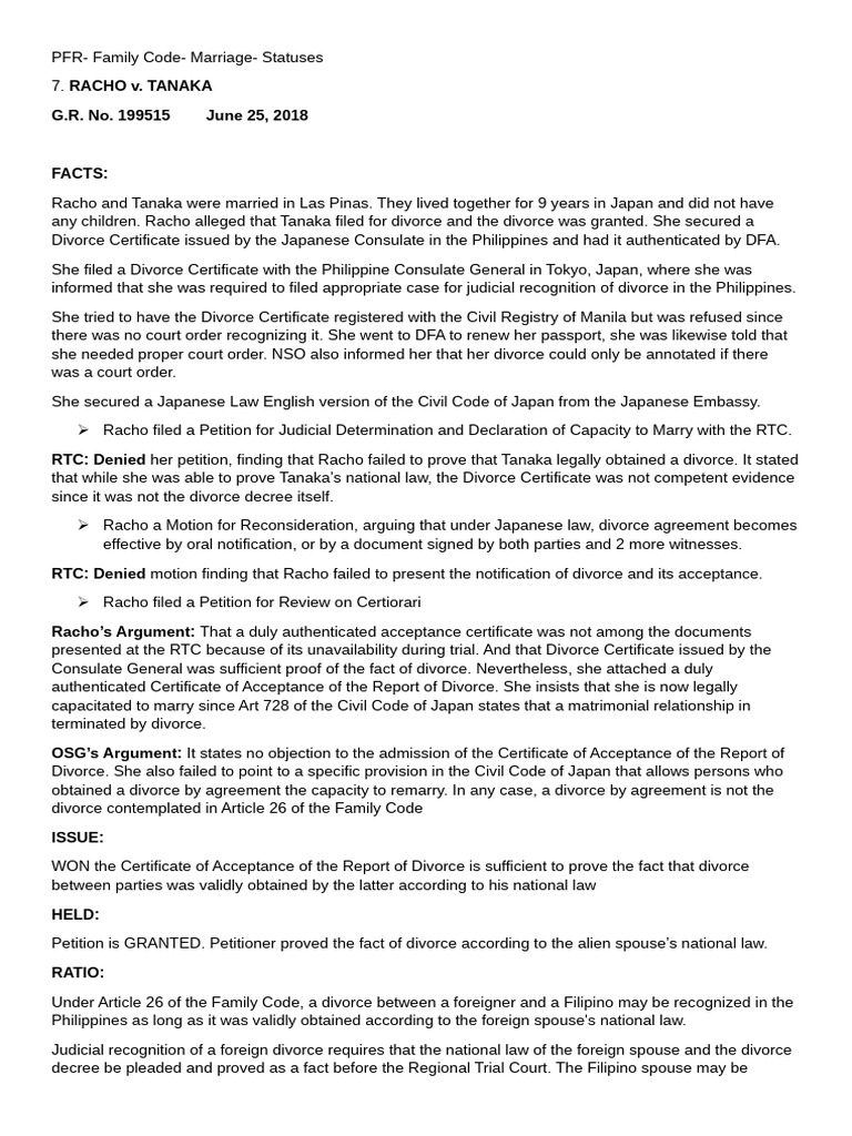 7. Racho v. Tanaka- Digest | PDF | Divorce | Marriage