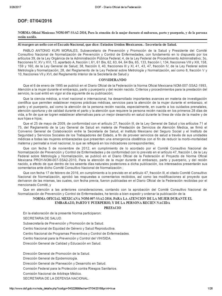 NOM-007-SSA2-2016 AtenciÓn en Embararzo, Parto.. | PDF | El embarazo | Partería