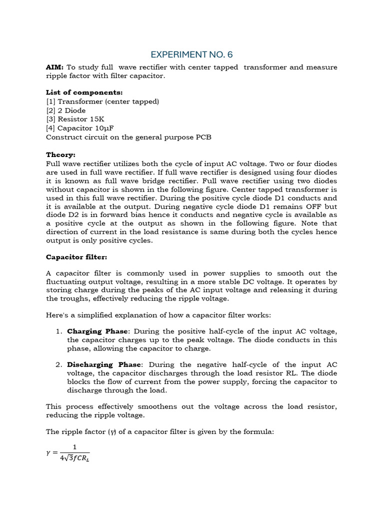Experiment No6 | PDF | Rectifier | Capacitor