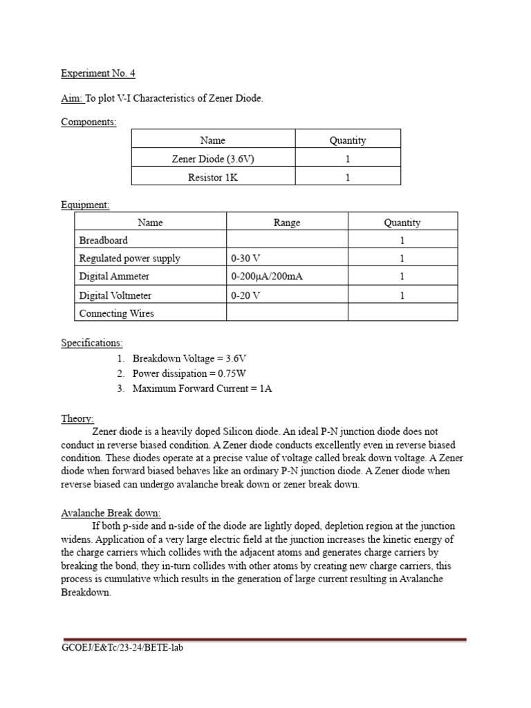 Expt4 Zener Characteristic | PDF | P–N Junction | Diode