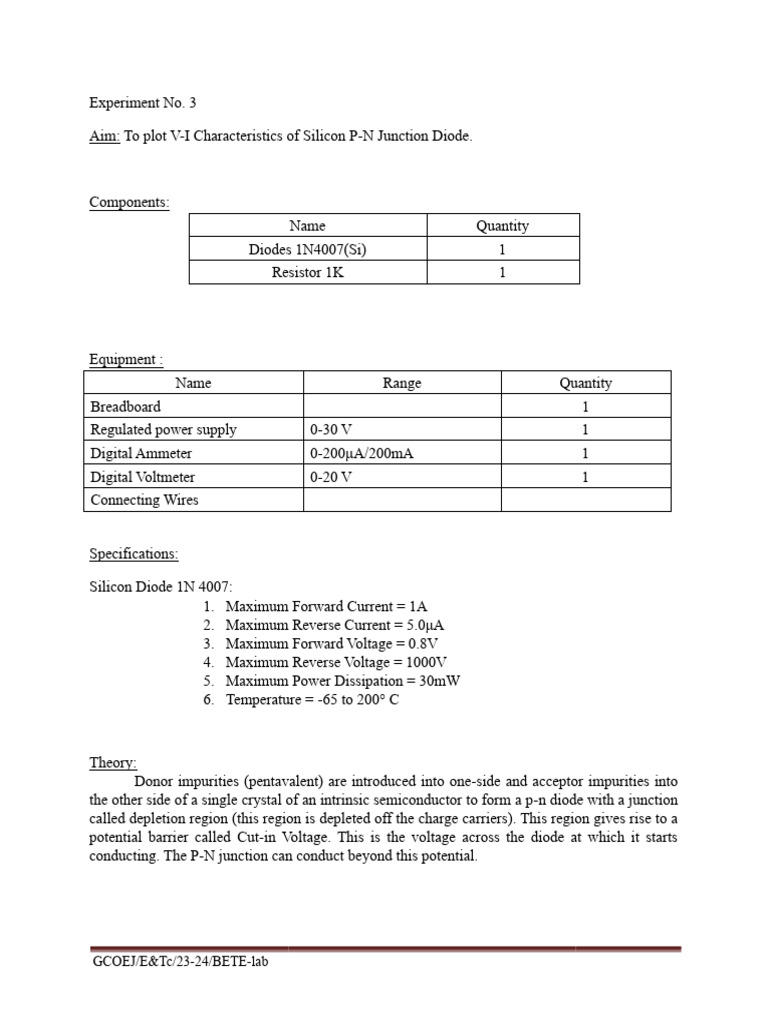 Expt3-Diode-forward-chara | PDF | P–N Junction | Diode