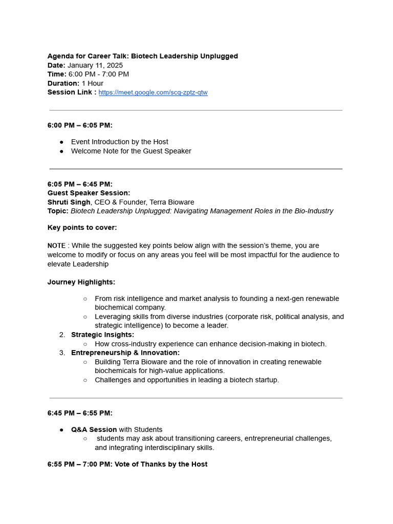 Agenda For Career Talk - Biotech Leadership Unplugged | PDF