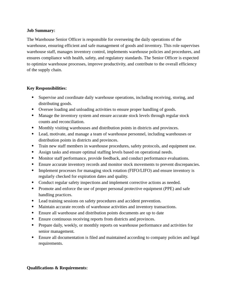 Senior Warehouse Officer Job Overview | PDF | Warehouse | Inventory
