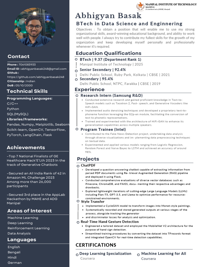 MIT Manipal CV Template | PDF | Deep Learning | Machine Learning