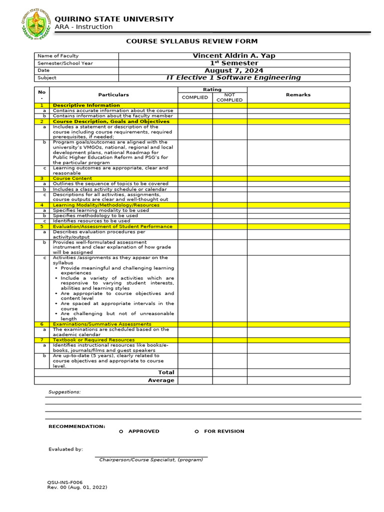 F6_Course-Syllabus-Review-Form (1) | PDF | Cognition | Learning