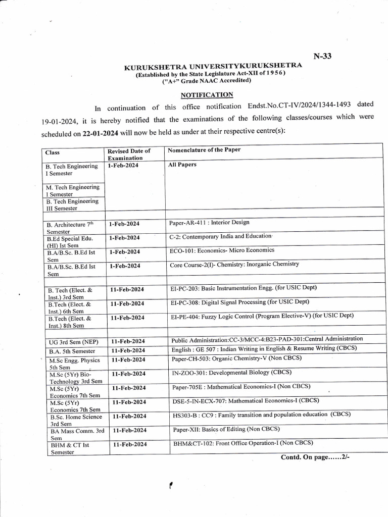 Kurukshetra University Exam Schedule Update | PDF | Science